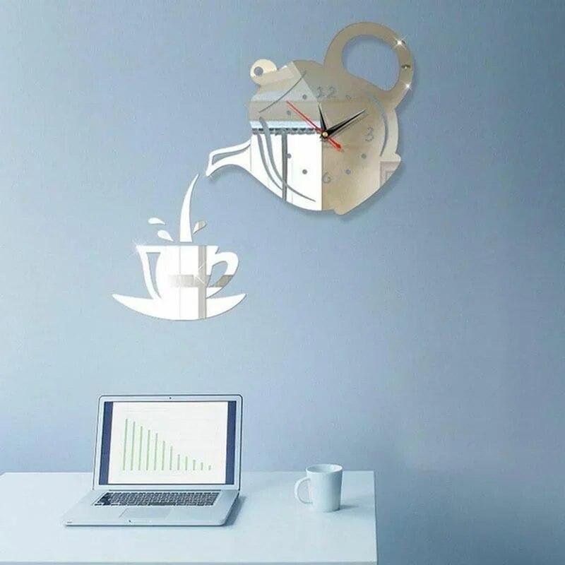 3D Acrylic Kettle Coffee Cup Teapot Shaped Wall Clocks Creative Home ...