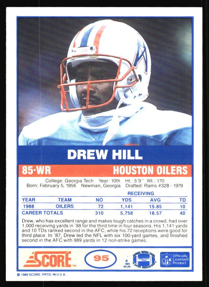1989 Score Drew Hill #95 Houston Oilers | eBay