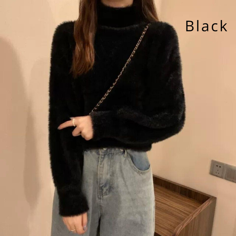 Women Faux Mohair Fur Sweater Jumper High Neck Thick Tops Winter Warmer ...