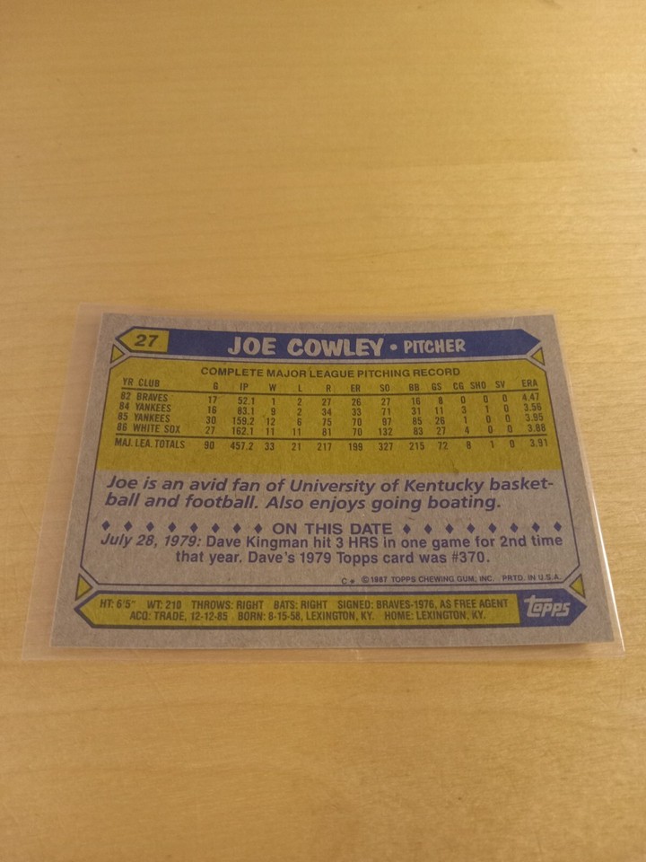 1987 Topps #27 JOE COWLEY Chicago White Sox Baseball Card, Pitcher ...