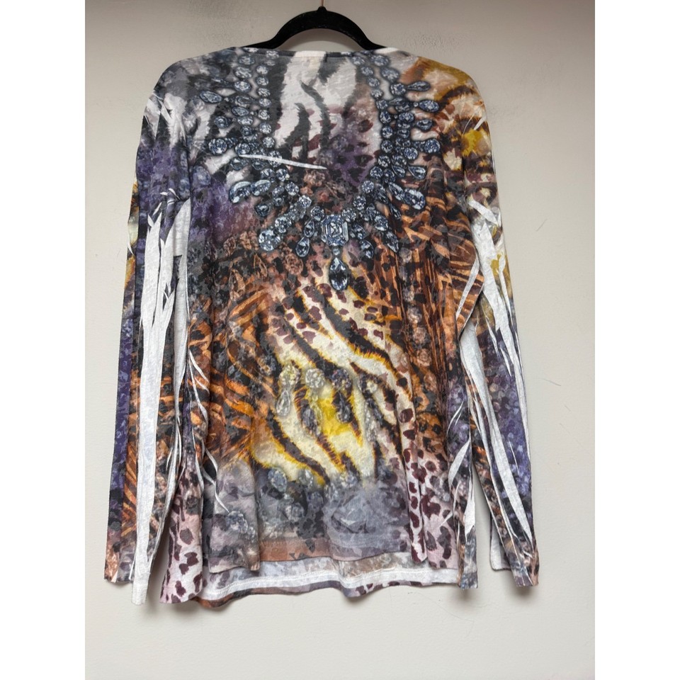 Reba Mixed Animal Print Long Sleeve Top Jeweled Necklace Graphic XL ...