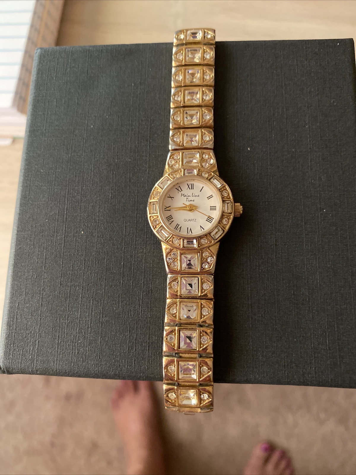 Main Line Time Watch B588 Princess Cut Crystal Gold Bracelet Band White ...