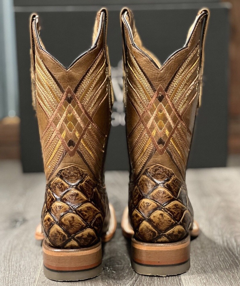 MEN'S RODEO COWBOY FISH PIRARUCU PRINT WESTERN SQUARE TOE BOOTS COGNAC ...