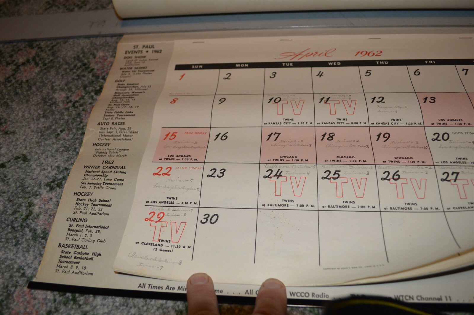 1962 Minnesota Twins & Vikings 7UP St. Paul Bottling Calendar Full ...