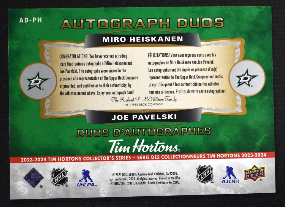 Miro Heiskanen Joe Pavelski 2023-24 UD Tim Hortons Dual Autograph ...