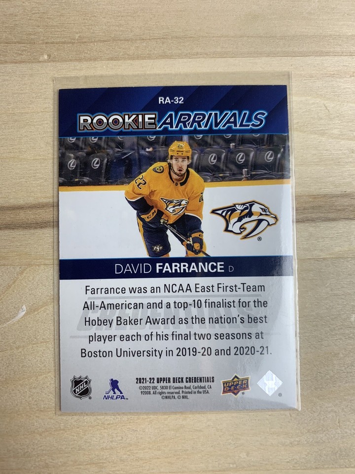 2021-22 UD Credentials Rookie Arrivals RA-32 David Farrance - Nashville ...