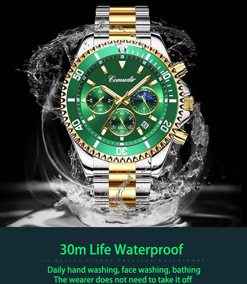 COMUDIR Stainless Steel Mens Watch Chronograph Waterproof Date Quartz ...