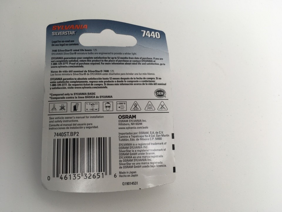 SYLVANIA 7440 SilverStar Mini Bulb White Light Two Bulbs New in Package ...