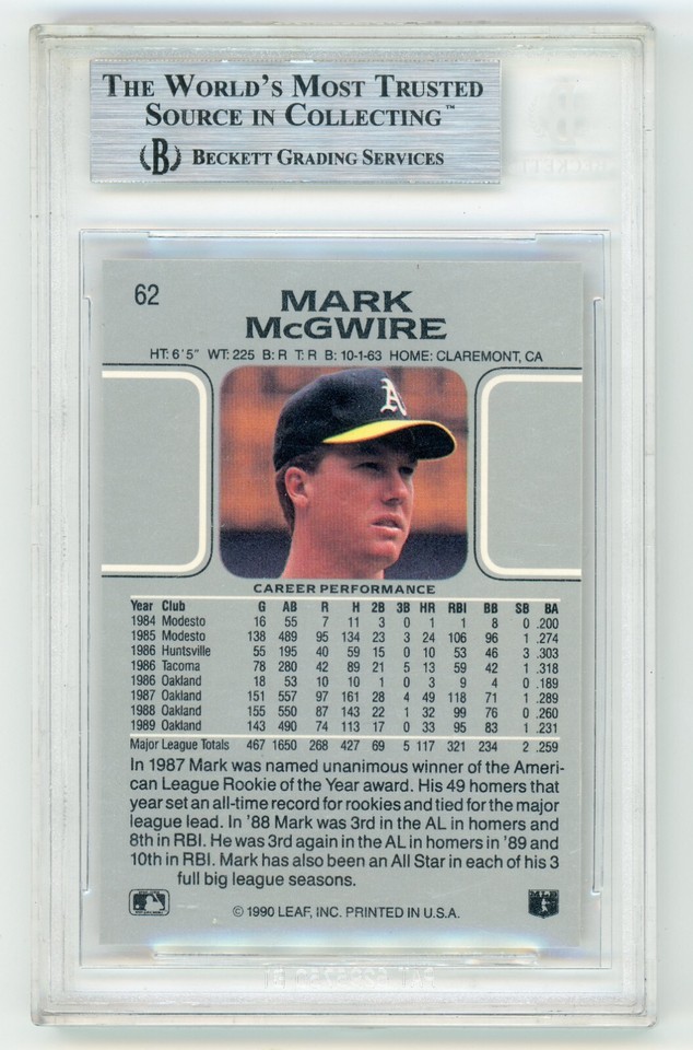 1990 Leaf MARK MCGWIRE BGS 9 Mint #62 Oakland Athletics Baseball Card ...