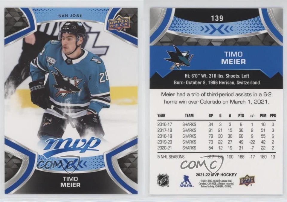 2021-22 Upper Deck MVP Factory Set Blue Timo Meier #139 2o7 | eBay