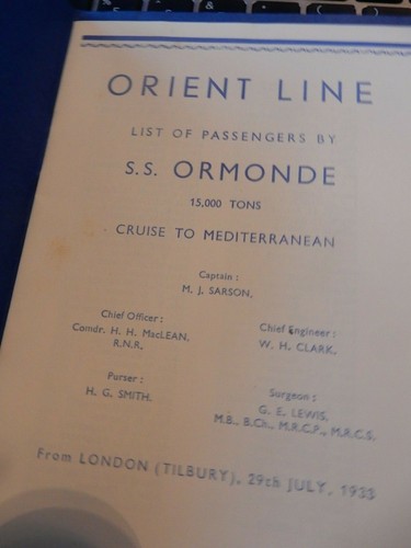 ORIENT LINE SS ORMONDE PASSENGER LIST FROM TILBURY 1933 | eBay