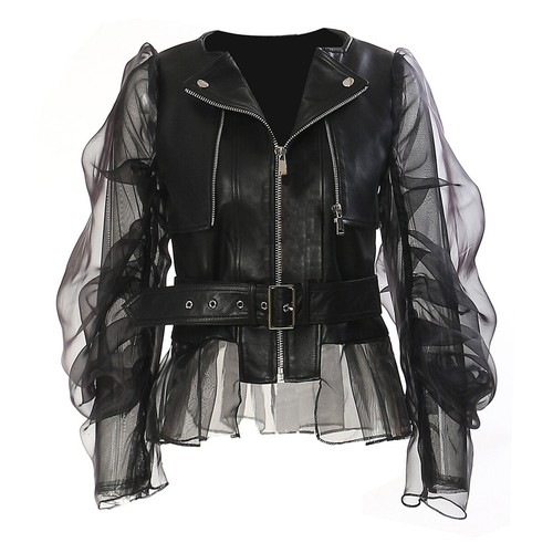 Gothic Women Black Motorcycle PU Leather Jackets Mesh Ruffle Coats ...