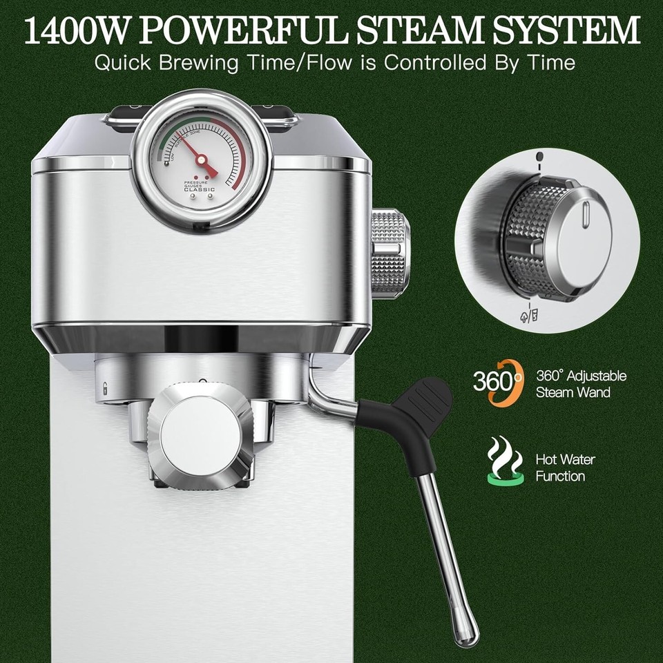 Machine, 20 Bar Stainless Steel Espresso Maker Silver Coffee Machine ...