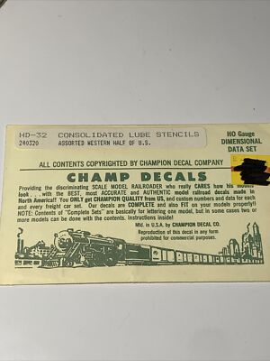 HO Champ Decals HO Scale HD-32 Consolidated Lube Stencils Western US ...