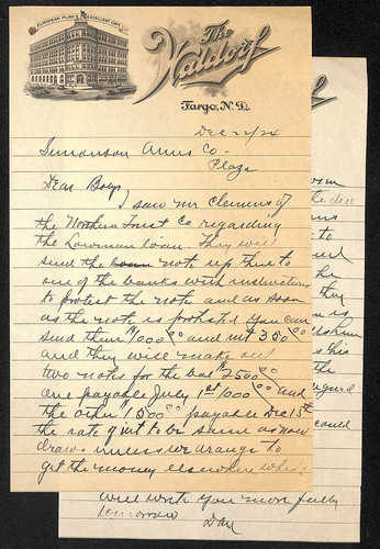 The Waldorf Hotel Fargo, ND c1910-15 2pp Stationary Letterhead ALS ...