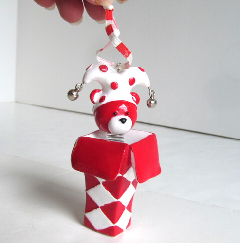 Jack in the Box Jester Clown Red White Christmas Tree Ornament Spring ...