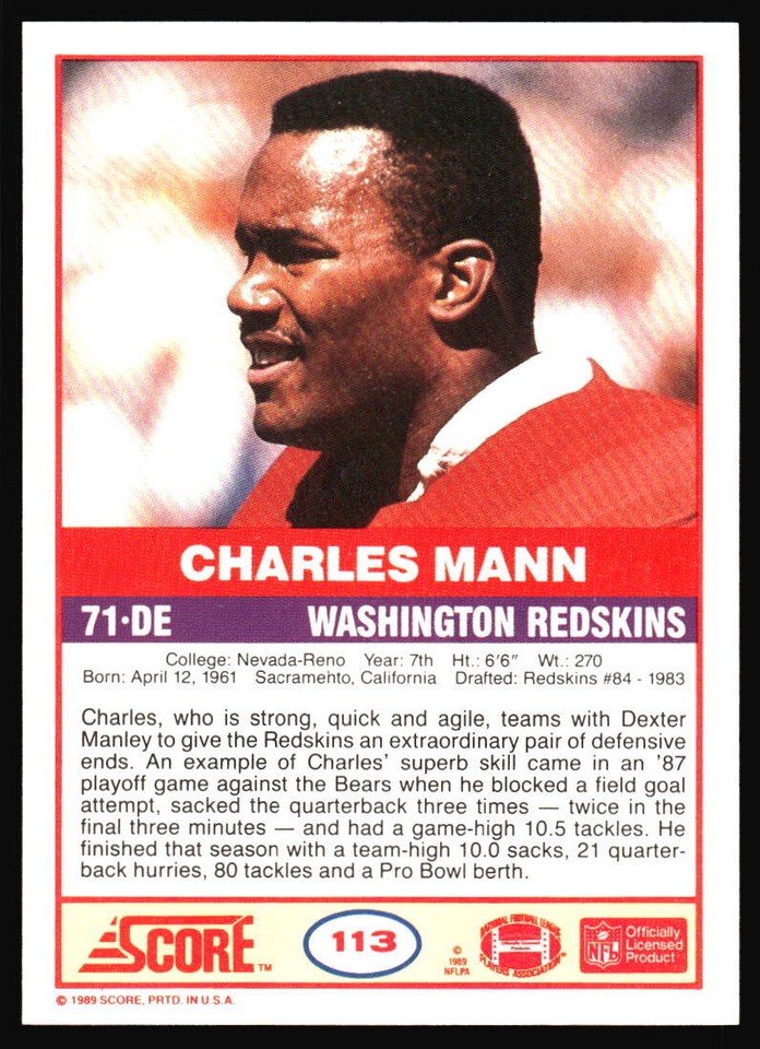 1989 Score Charles Mann #113 Washington Redskins | eBay