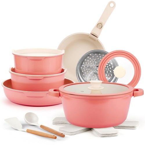 Ceramic Pots and Pans Set Non Stick Pink, 19 Pcs Nonstick Cookware Set ...