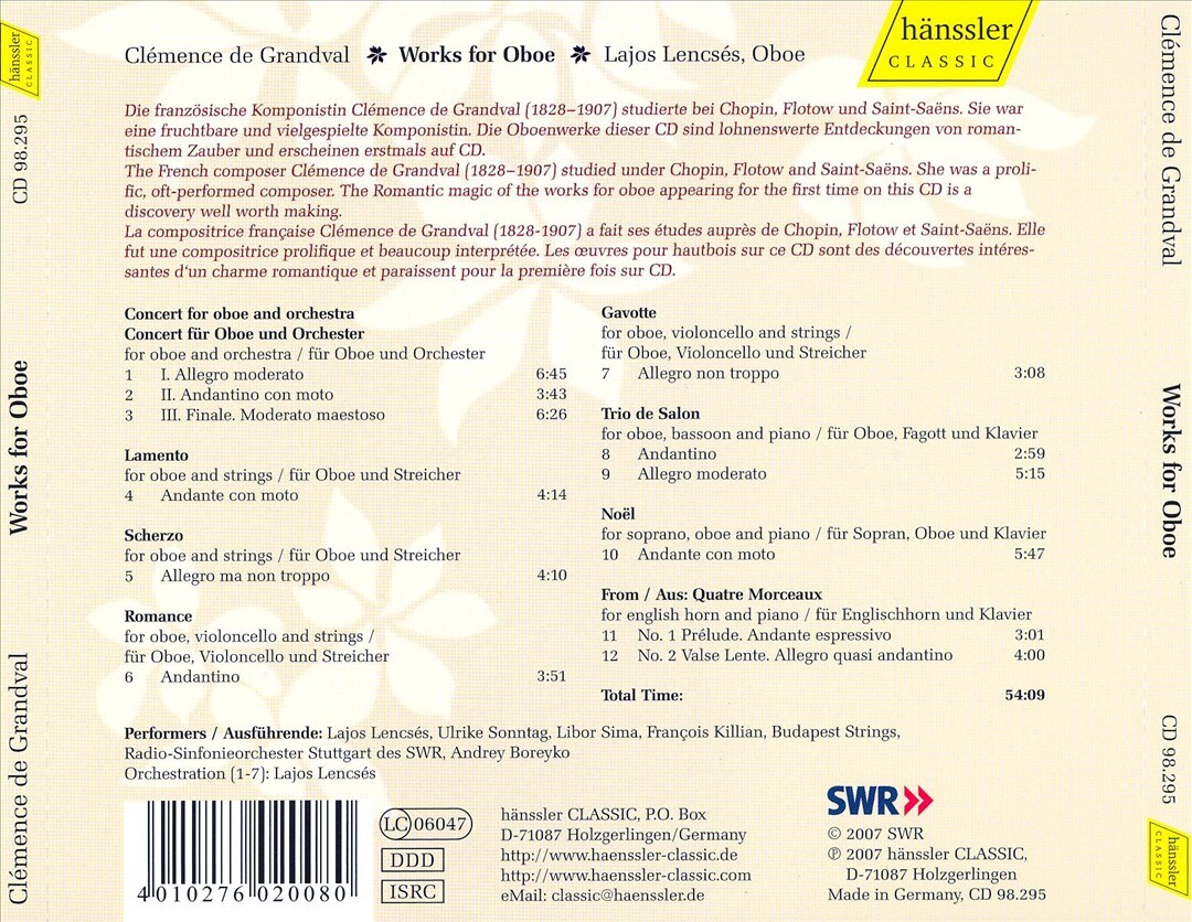 LAJOS LENCSES CLÉMENCE DE GRANDVAL: WORKS FOR OBOE NEW CD 4010276020080 ...