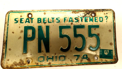 Ohio license Plate 1974 PN 555 Seat Belts Fastened? White with Green ...