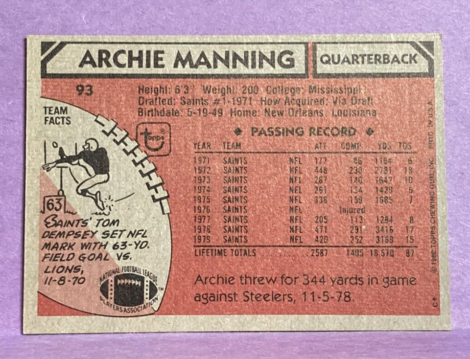 1980 Topps ARCHIE MANNING Card #93 Saints | eBay