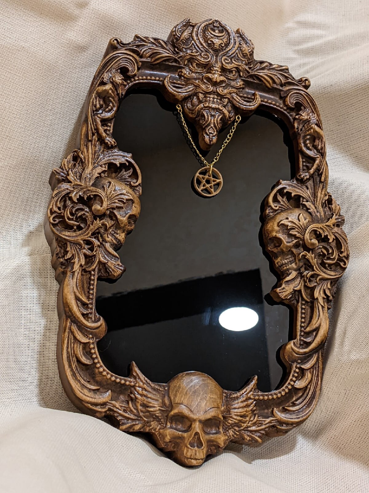 Black mirror Wooden wall mirror with demon skull Gothic mirror Natural ...