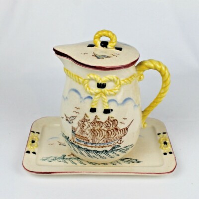 Antique Ceramic Schooner Boat Pitcher with Rope Handle, Lid & Tray ...