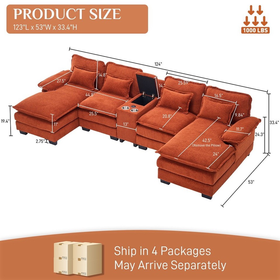 Modern 124" U-Shaped Oversized Sectional Sofa Couch w/Central Console ...