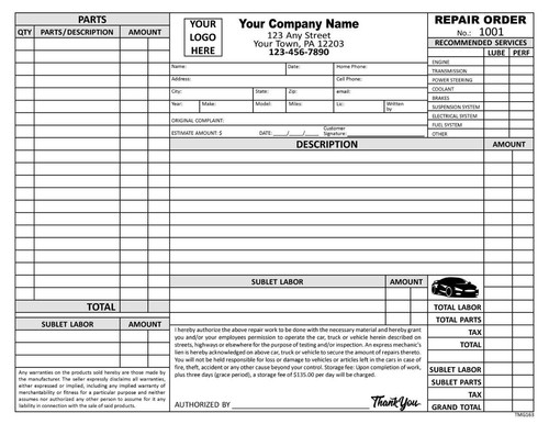 Automotive Repair Service Work Order / 8.5 x 11 / 2 or 3 Part / TMG163 ...