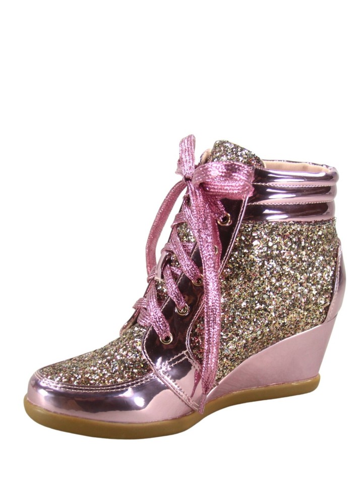 Women's Shiny Patent Glitter Ankle Wedge Lace UP Party Sneaker Booties ...