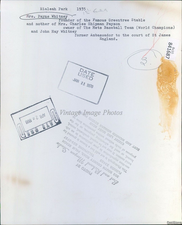 1935 Mrs Payne Whitney Greenstree Stable Founder Hialeah Park Sports ...