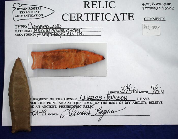 RARE Cumberland Point COA Authentic Prehistoric Arrowhead Native ...