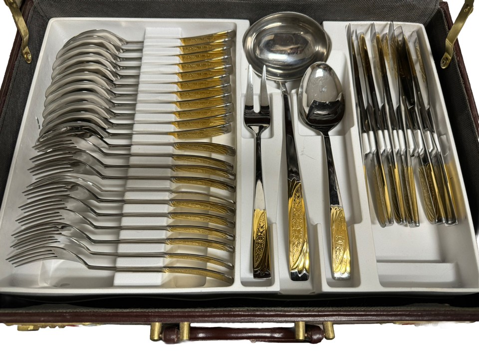 Inoxpran 18/10 Full Set Silverware With Gold Floral Inlay In Case Made ...