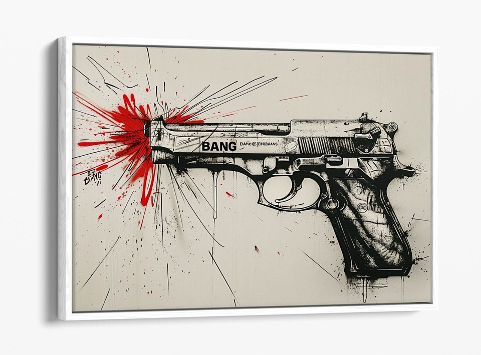 BANKSY GUN BANG, STENCIL GRAFFITI -FLOAT EFFECT FRAMED CANVAS WALL ART ...