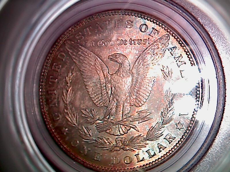 1885 P MS64 Morgan Silver Dollar $1, UNC. Rainbow Toned on REVERSE SIDE ...