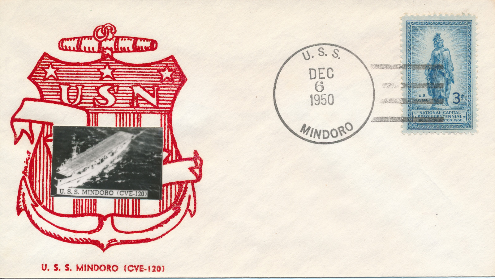 MILITARY NAVAL EVENT COVER USS MINDORO CVE-120 1950 U.S.N. W/ ANCHOR ...