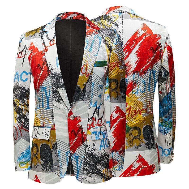 Men Graffiti Print Blazer Jacket Coat Top Slim Stage Prom Club Suit ...