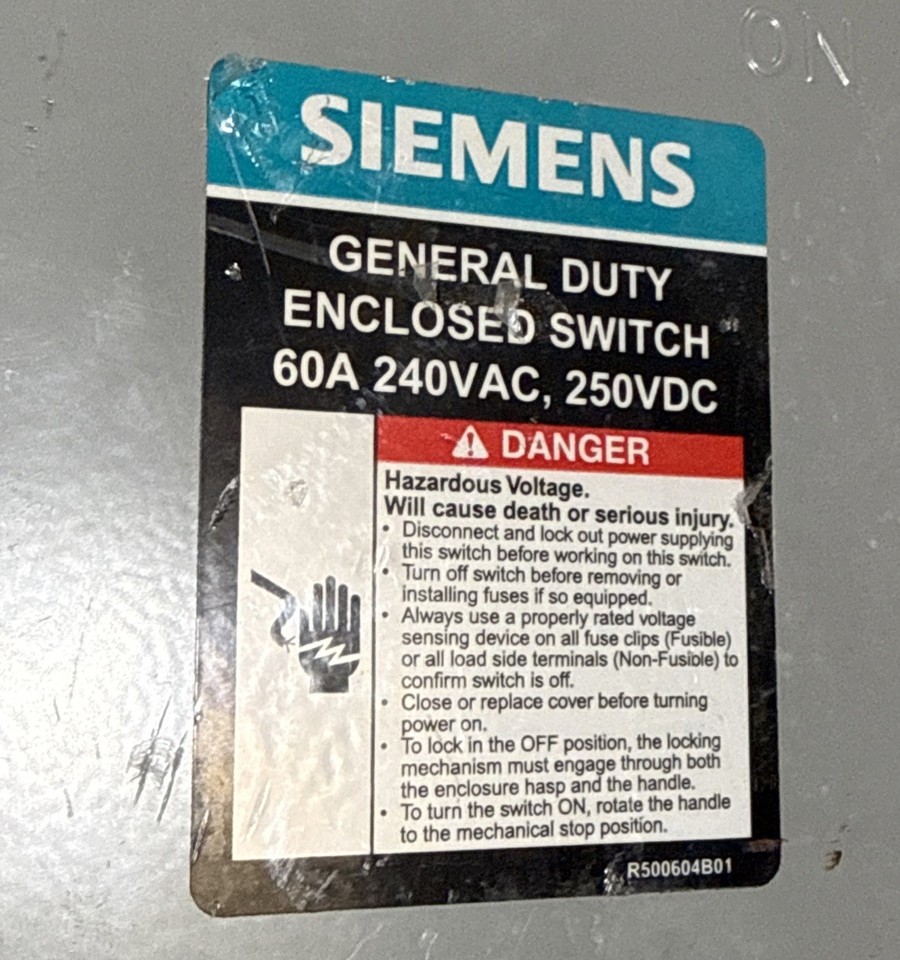 New - Siemens GF322NA 60 Amp 240 VAC 3 Pole NEMA 1 Indoor Fusible ...