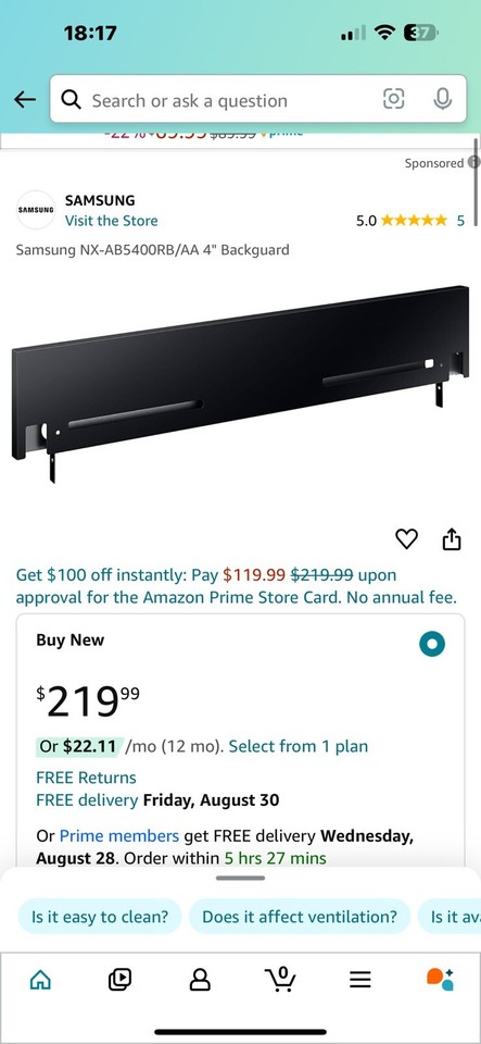 Samsung Backguard NX-AB5400RS/AA 30 Inch Range Guard Kit 4” Backguard ...