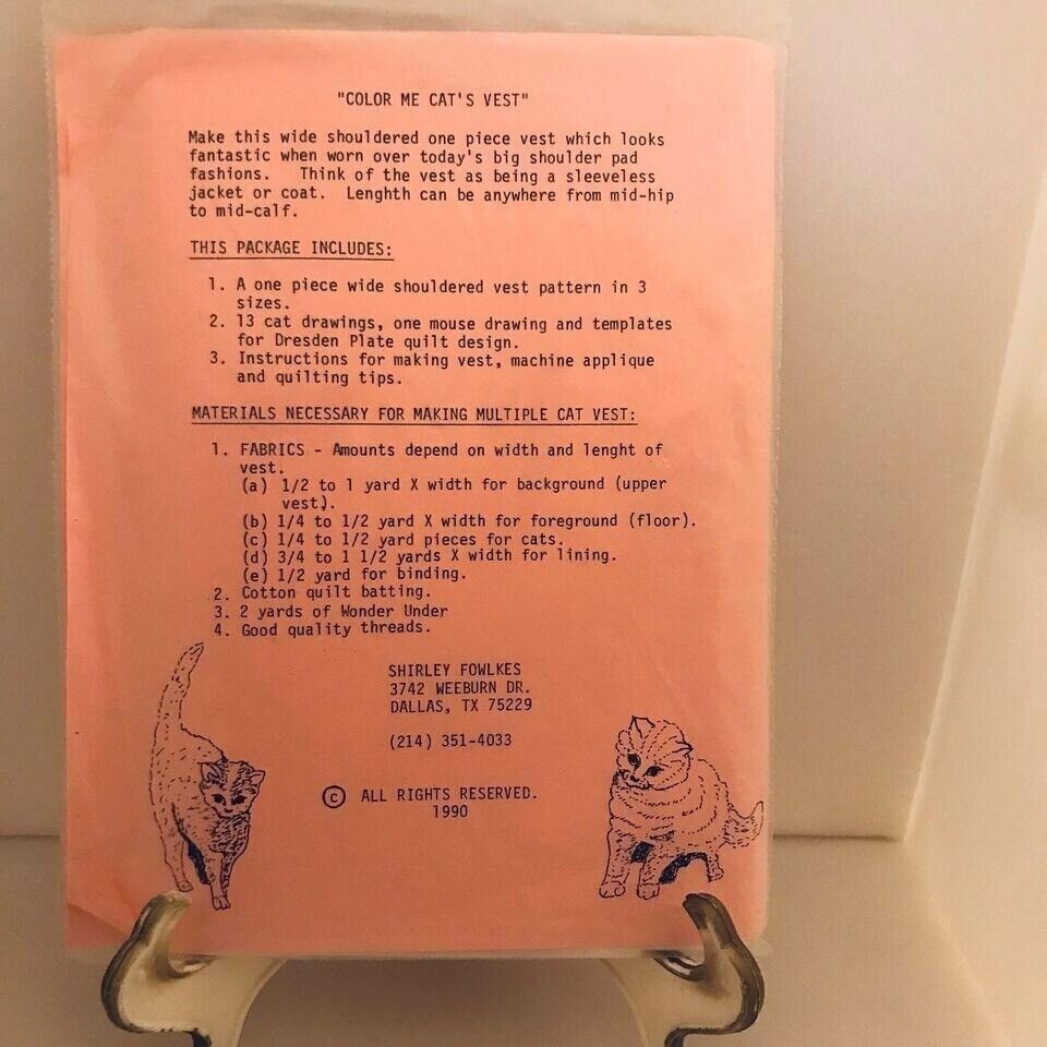 #1859 Color Me Cats Cat Vest applique craft pattern | eBay