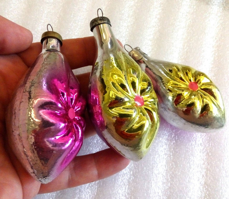 3 Vintage USSR Ukrainian Glass Christmas Ornaments Fir-Tree Decorations ...