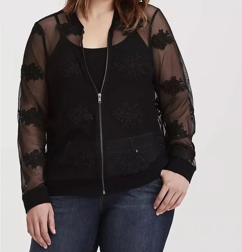 TORRID Sz 2 Black Sheer Embroidered Mesh Zip Up Front Bomber Jacket 18 ...