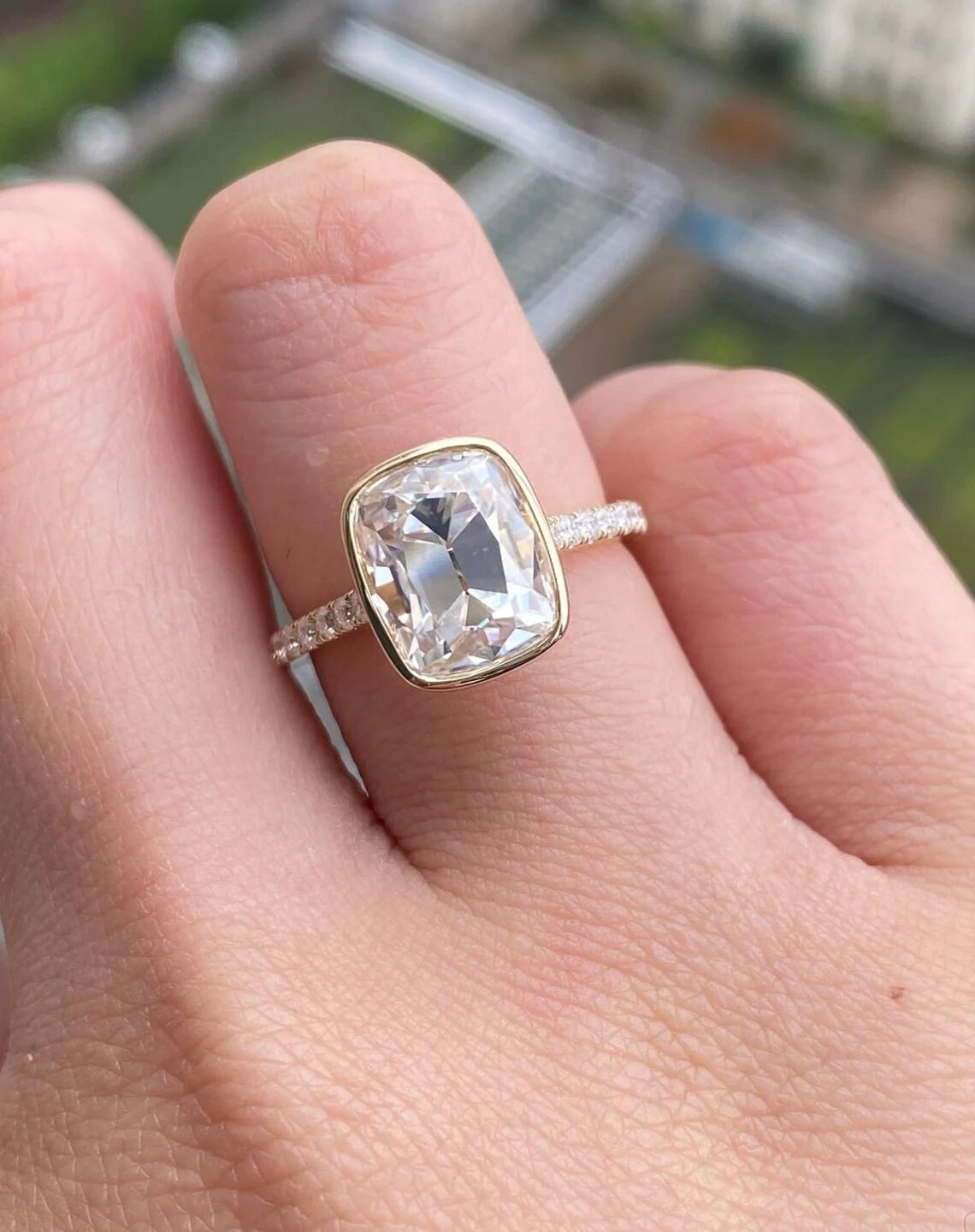 Bezel Set Sterling Silver Moissanite Cushion Cut Anniversary Ring For ...