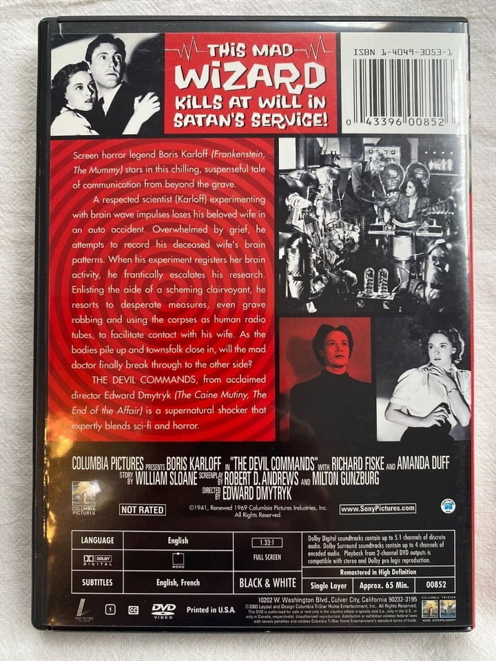 The Devil Commands DVD 2003 black white 1941 sci-fi horror Boris ...