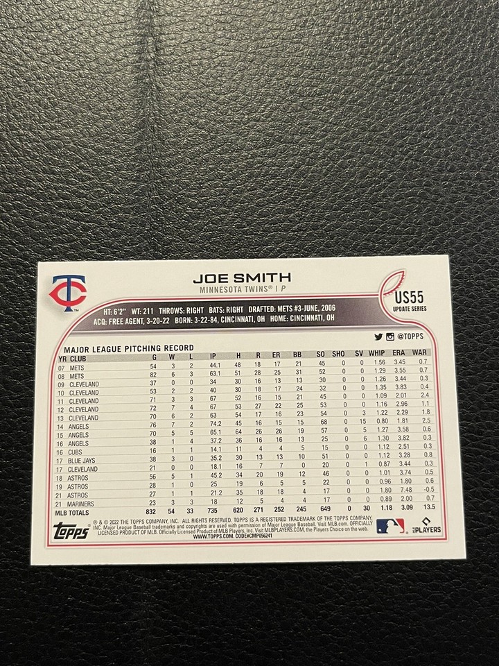 2022 Topps Update Base Card Joe Smith #US55 Minnesota Twins | eBay