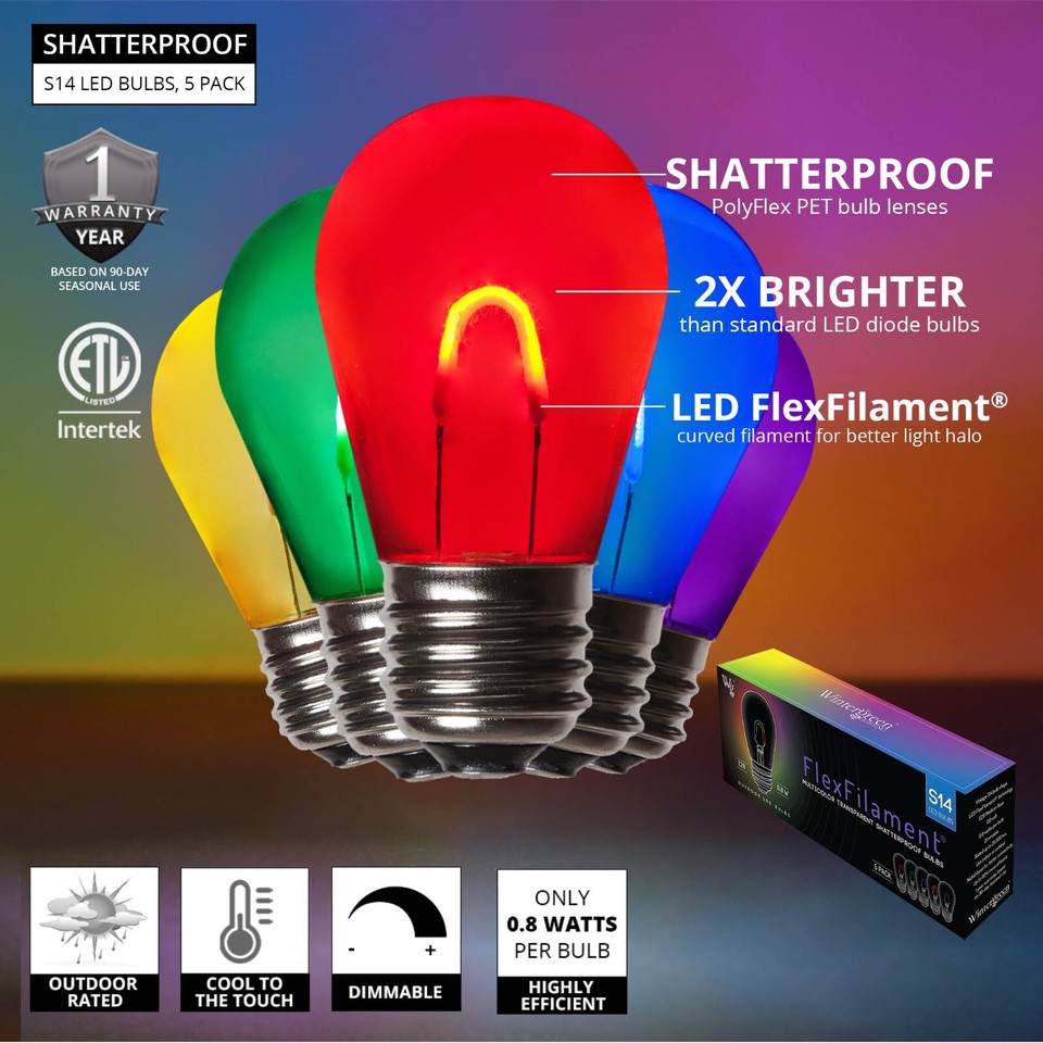 S14 LED Shatterproof Edison Filament Patio Light Bulbs E26, 5 Pack, 8 ...