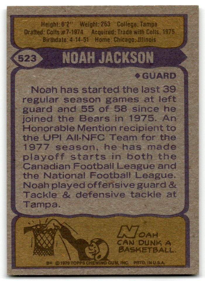 1979 Topps Noah Jackson Chicago Bears #523 | eBay