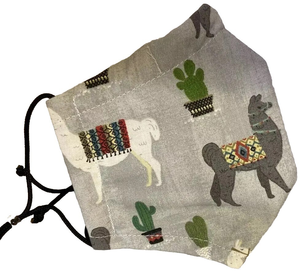 Llamas Cactus Adult Fabric Face Mask Adjustable Ears & Nose Cotton Gray ...