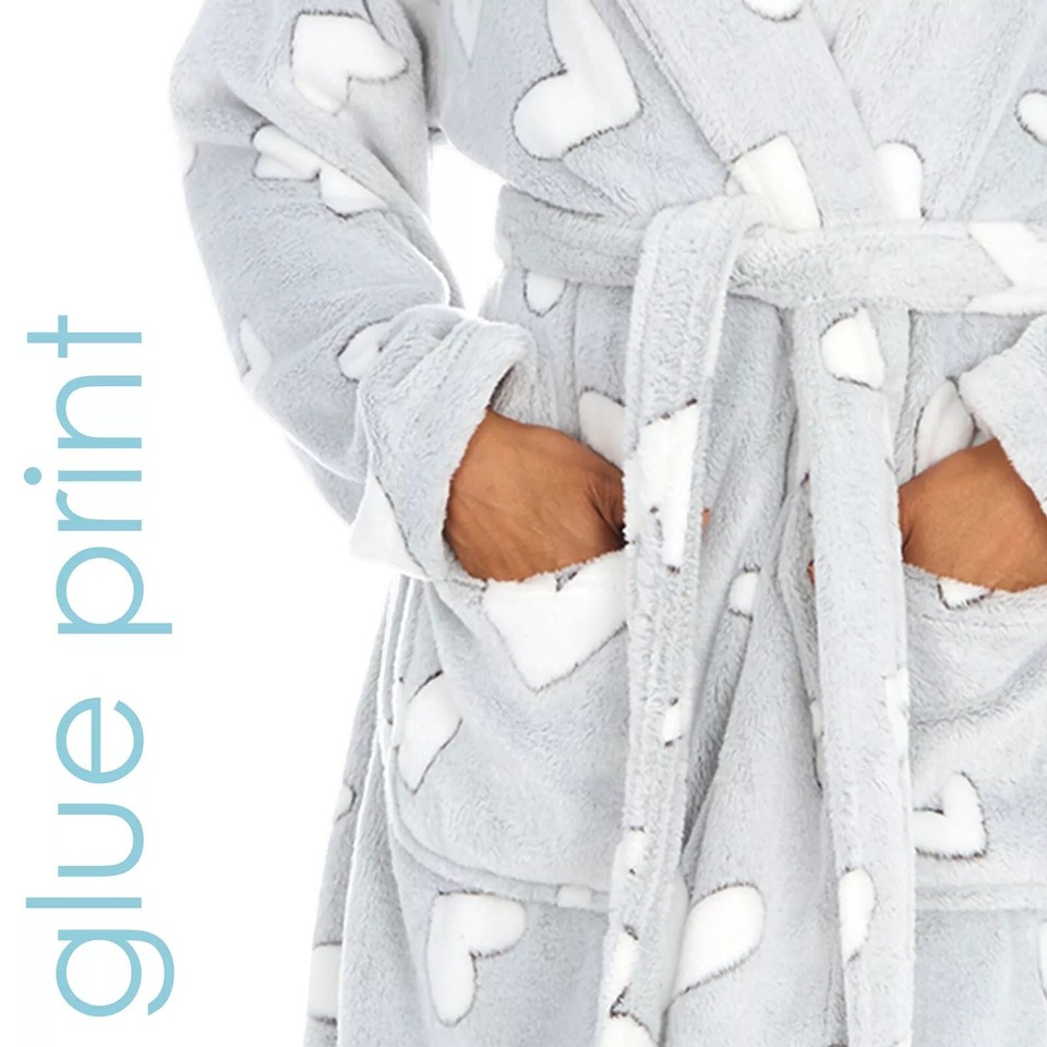 Ladies Dressing Gown Heart Print Robe Plush Fleece Hooded Loungewear S ...
