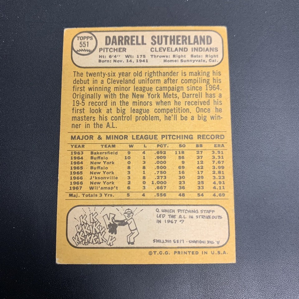 1968 Topps Darrell Sutherland # 551 Cleveland Indians Baseball Card | eBay